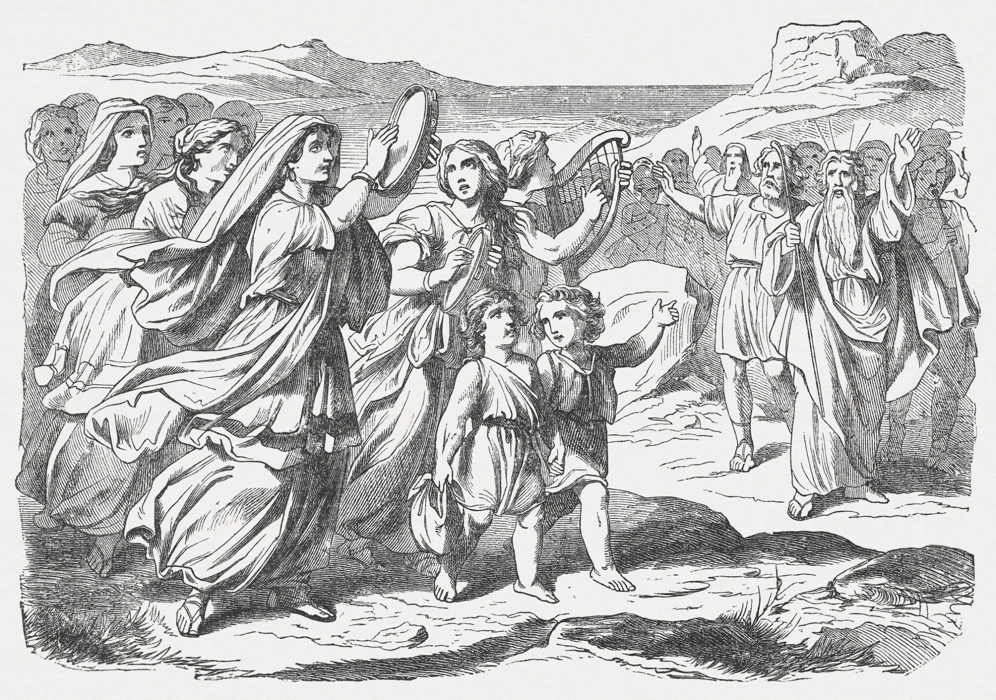 Miriam’s song of praise (Exodus 15), wood engraving, published 1877 ...